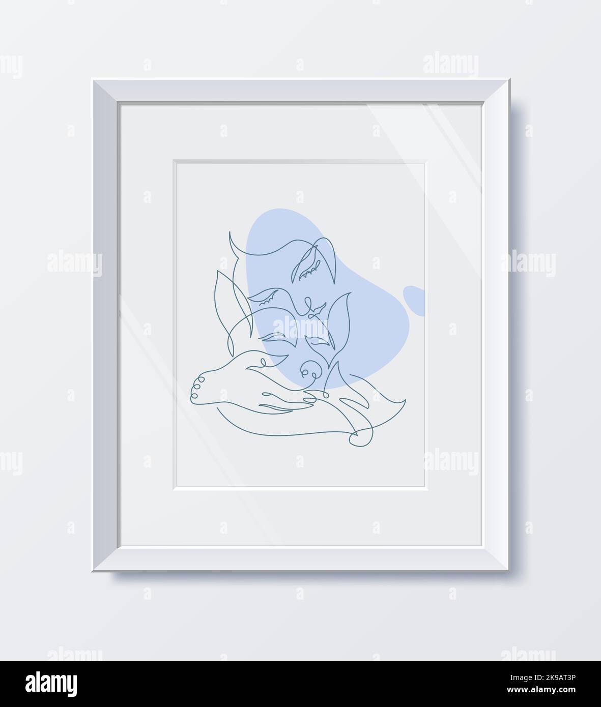 Portrait of a girl and a dog on a white wall in the style of line art ...