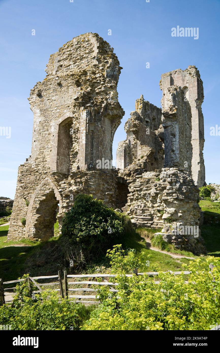 Corfe Castle where the keep and tower are ruins and remains, on a ...