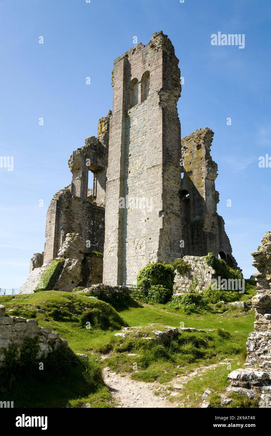 Corfe Castle where the keep and tower are ruins and remains, on a ...