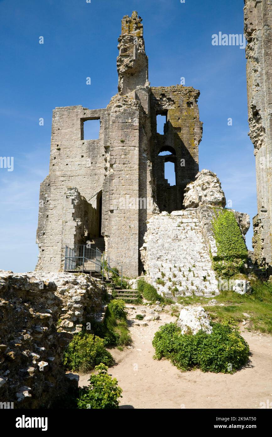 Corfe Castle where the keep and tower are ruins and remains, on a ...