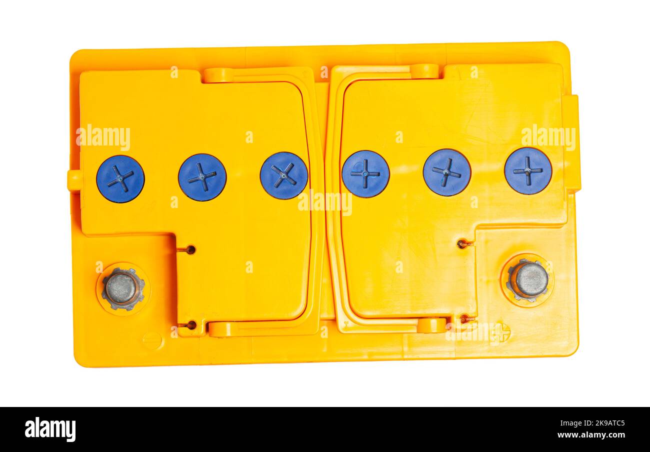 yellow car battery isolated on white background Stock Photo - Alamy