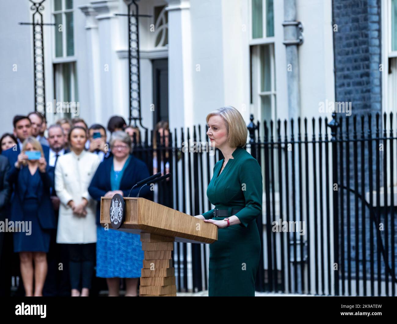 Prime Minister, Liz Truss, giving her final speech before leaving ...