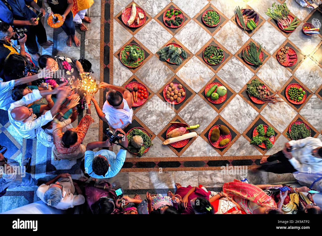 Hindu devotees seen praying to Lord Krishna during the Hindu festival of 'Annakut' or 'Govardhan ...