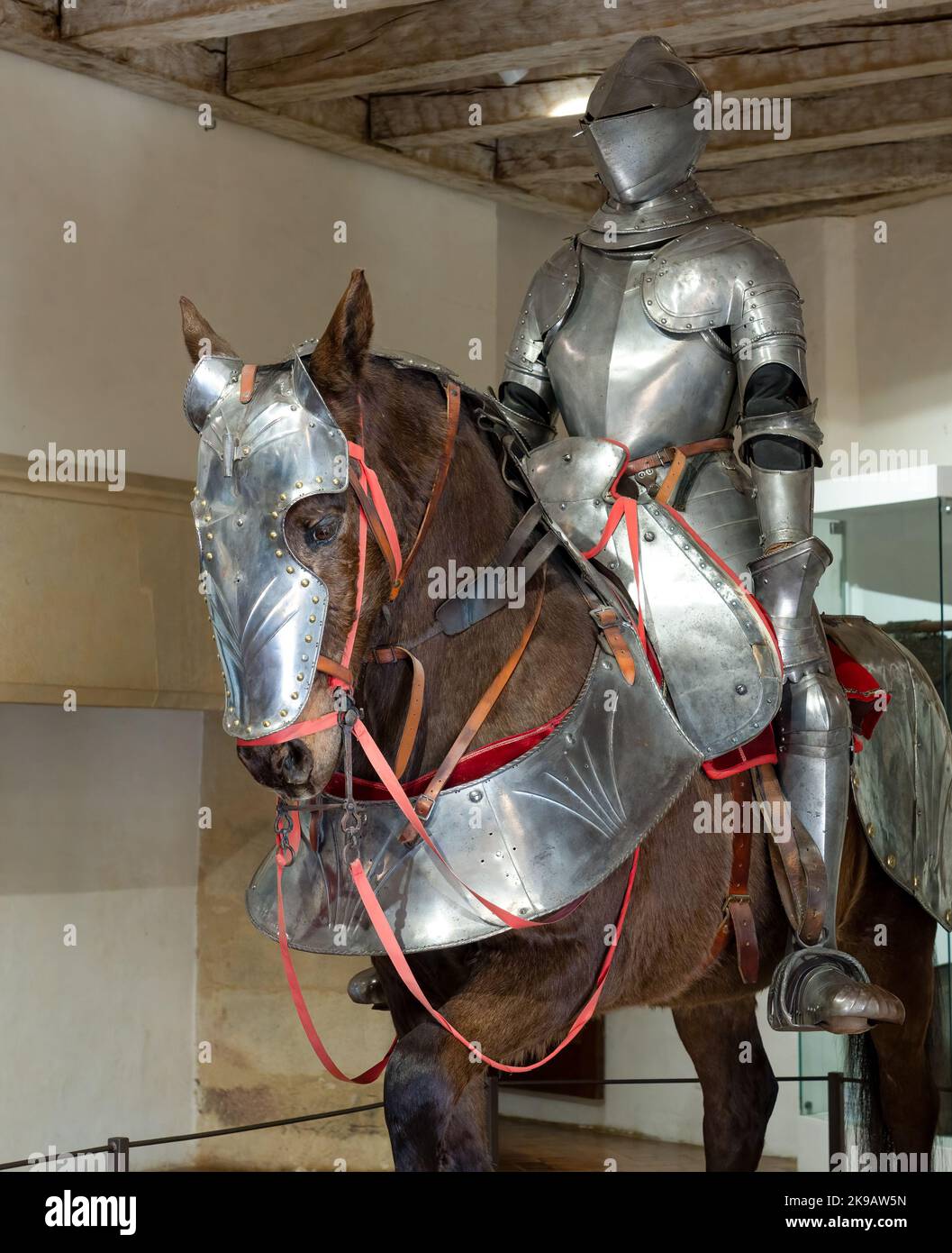 a model knight in armour on horseback at 13th century Chateau ...