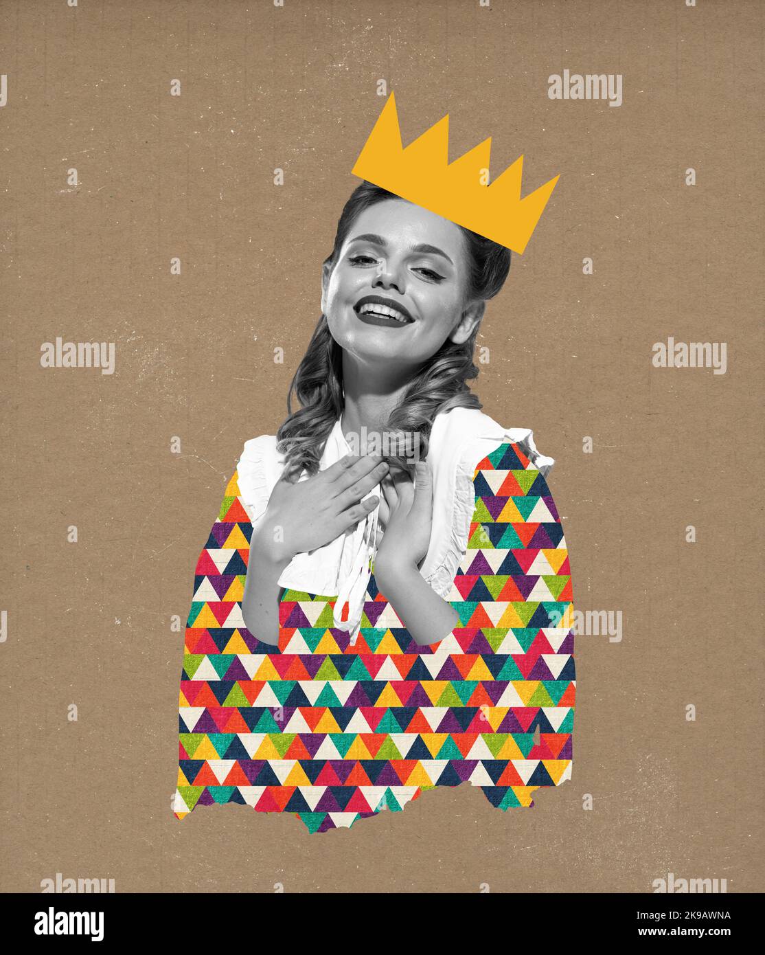 Art collage or design of happy princess in crown in magazine style ...