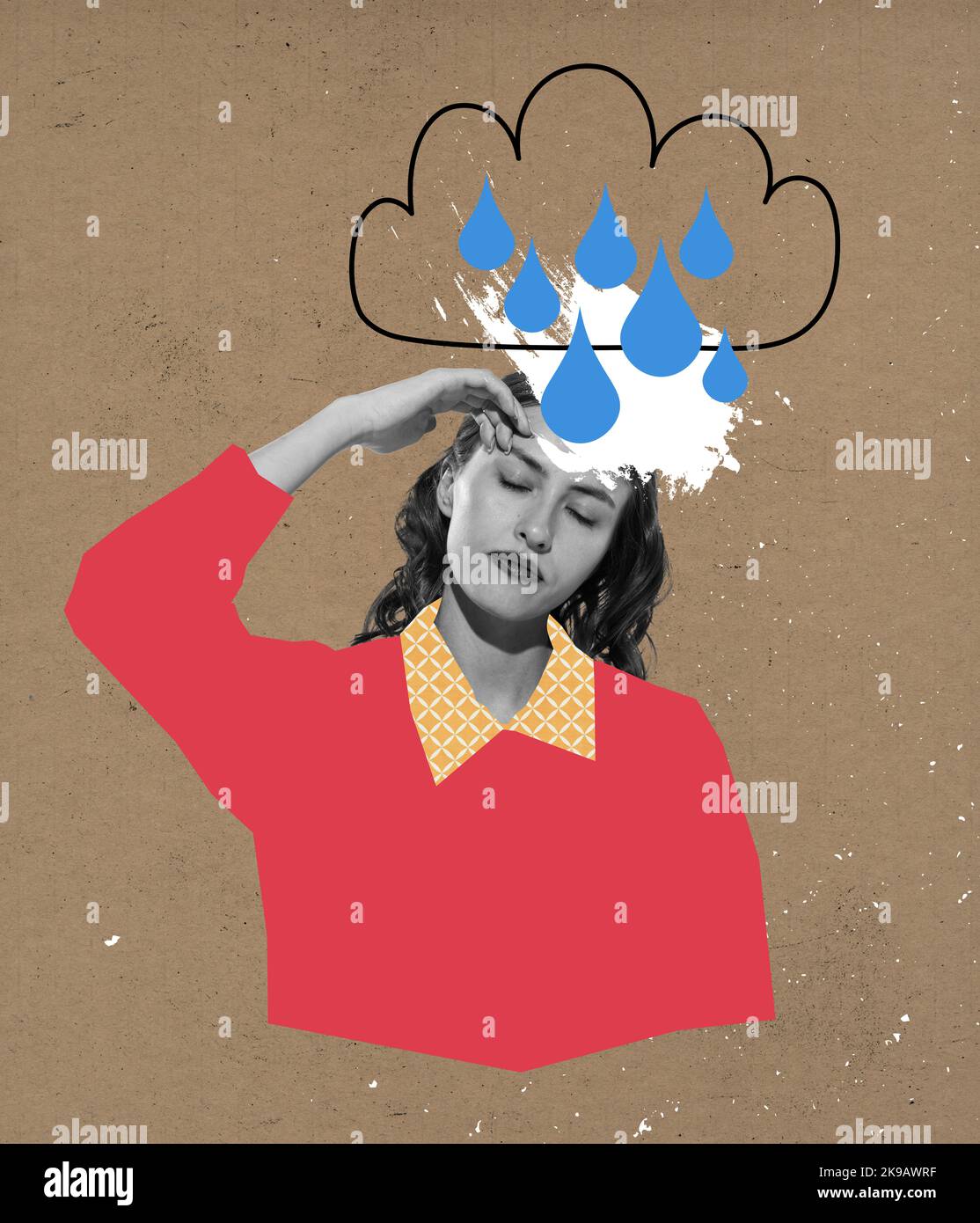 Contemporary art collage. Conceptual image. Young woman feeling sadness ...