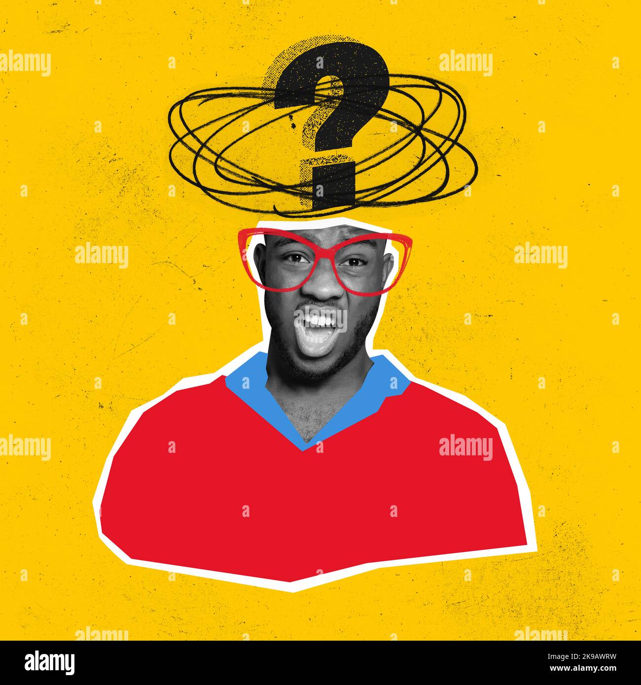 Brain wash. Young man in image of zombie with question mark in his head ...