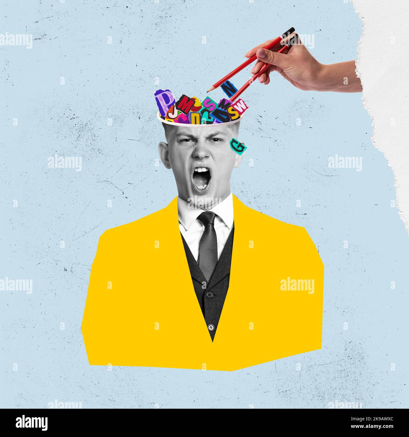 Brain wash. Young man in image of zombie with little drawn letter in ...