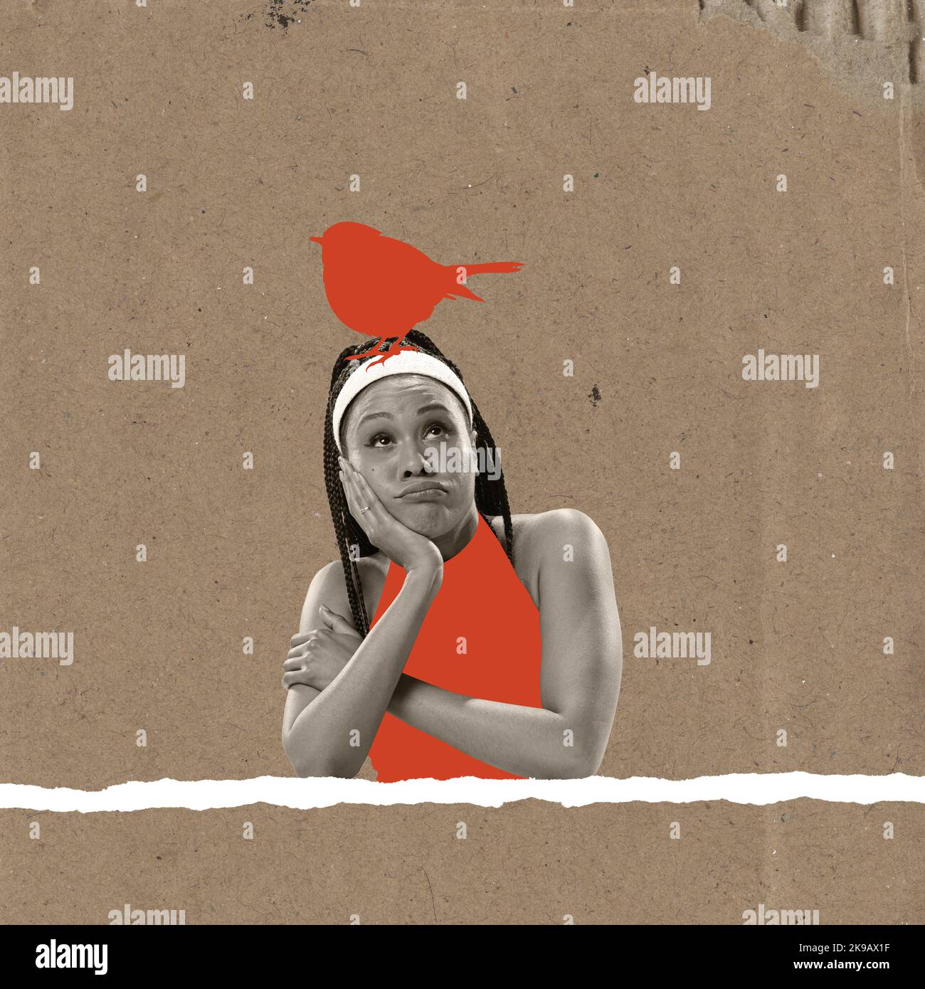 Contemporary art collage. Conceptual image. Young woman feeling sadness ...