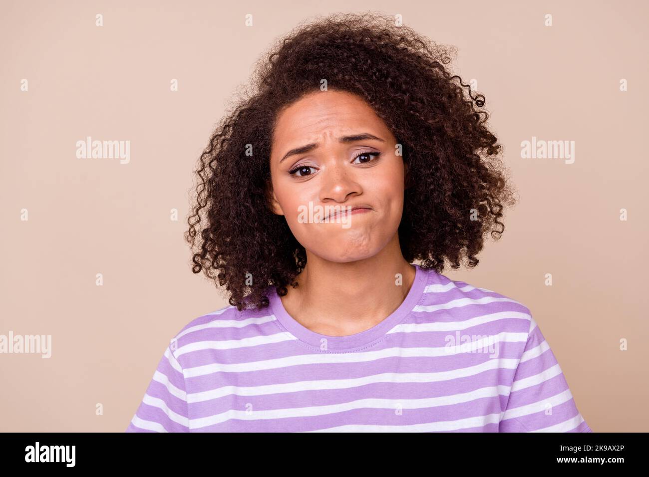 Closeup photo of young adorable gorgeous girl funny sad grimace oops ...