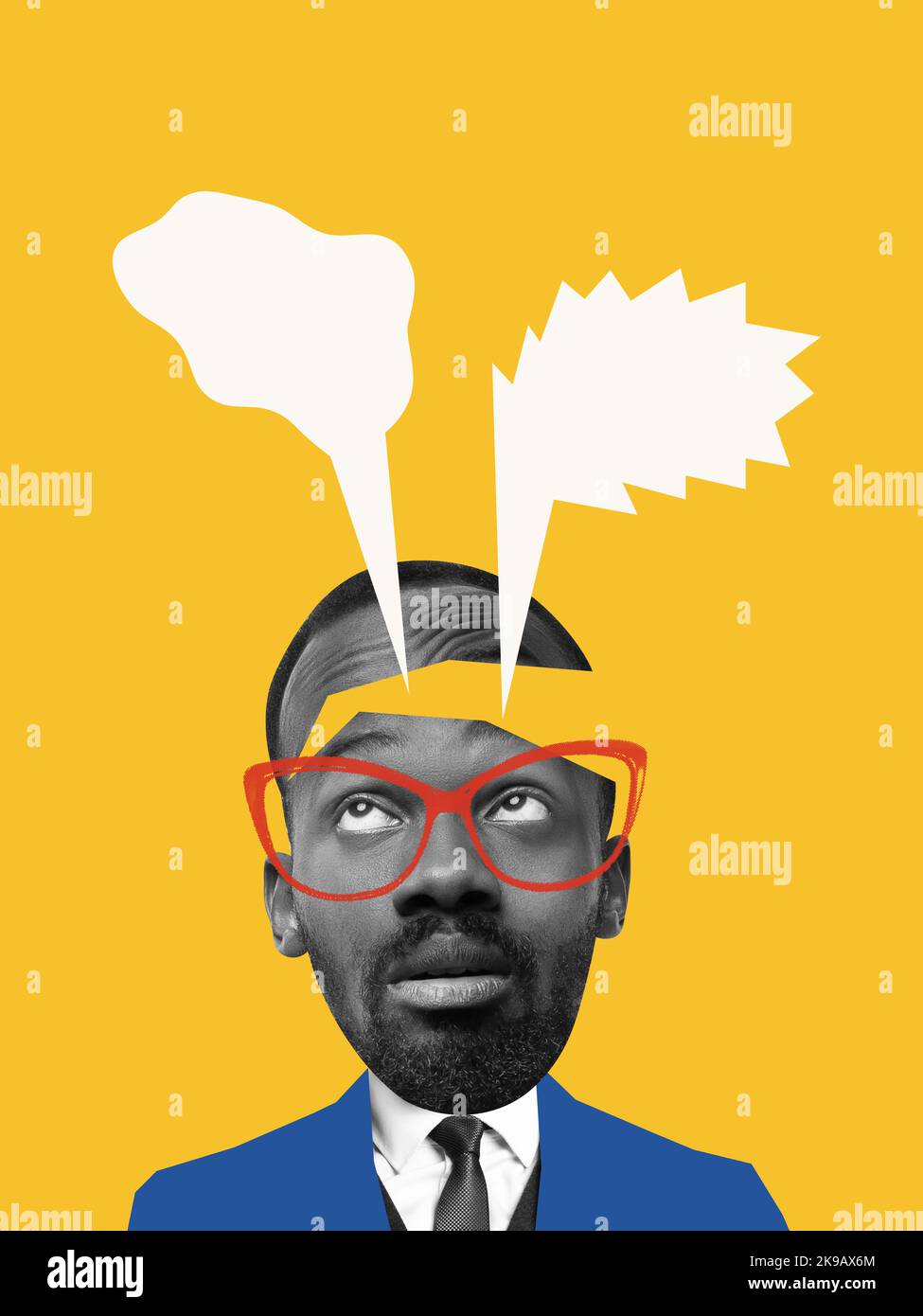 Brain wash. Young man in image of zombie with speech bubbles in his ...