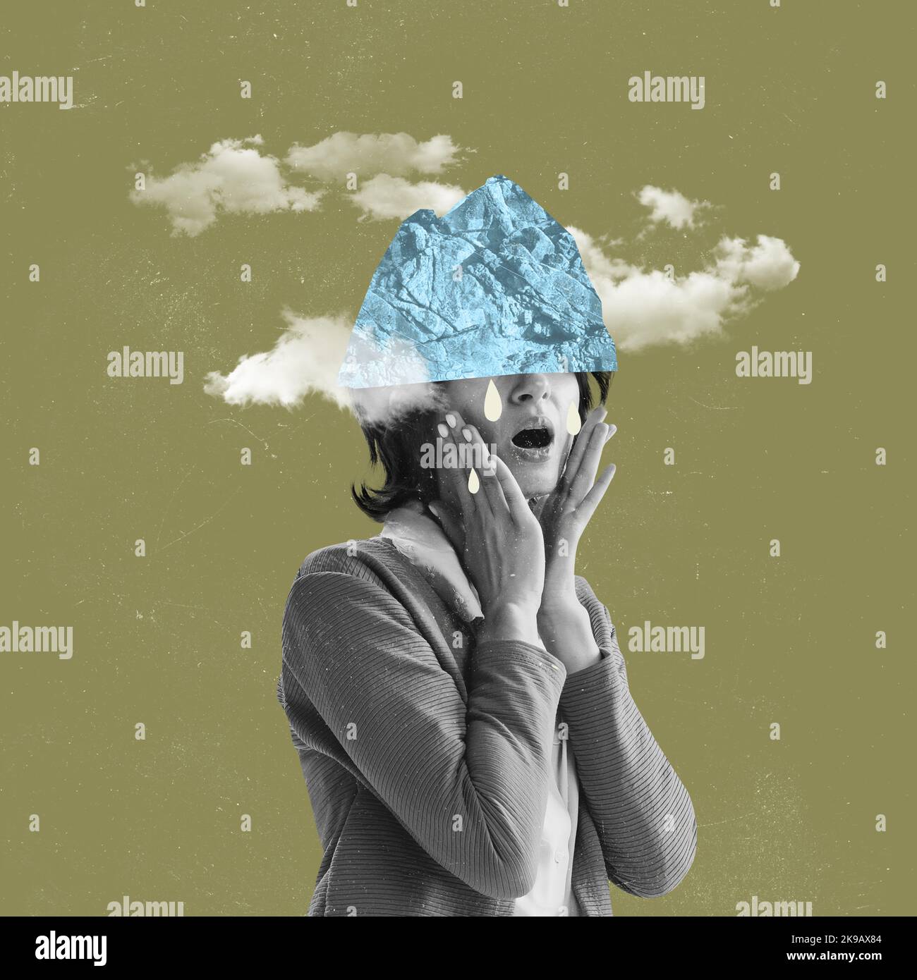 Contemporary art collage. Conceptual image. Young woman feeling sadness ...