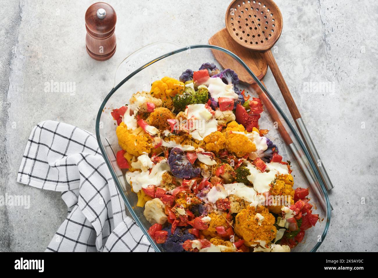 Baked colorful cauliflower. Cut into small pieces baked cauliflower ...