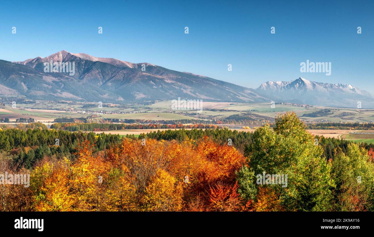 Autumn landscape with colorful trees and high peaks at background ...