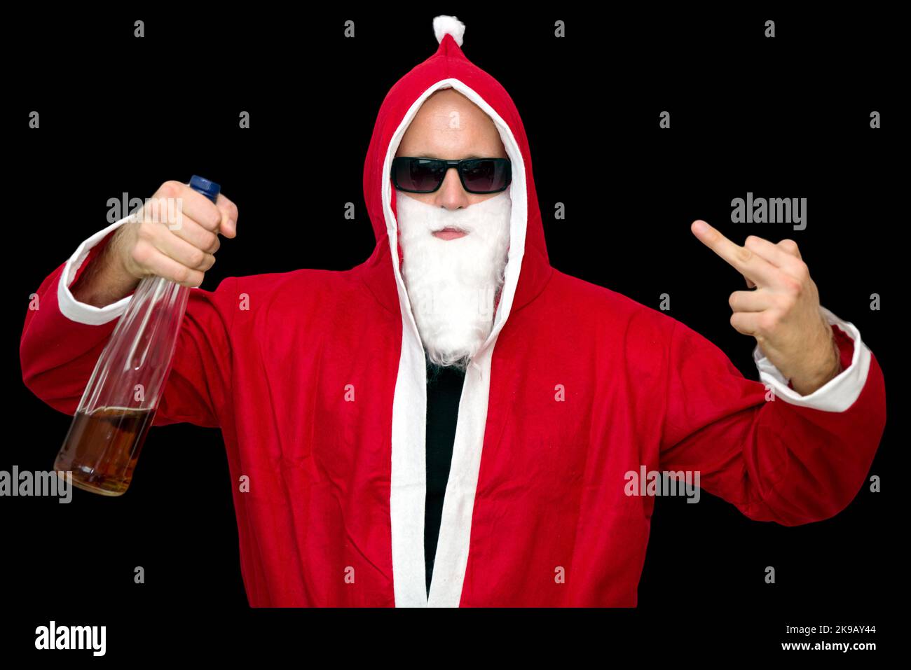 Santa Claus with bottle of alcohol on black backround Stock Photo - Alamy