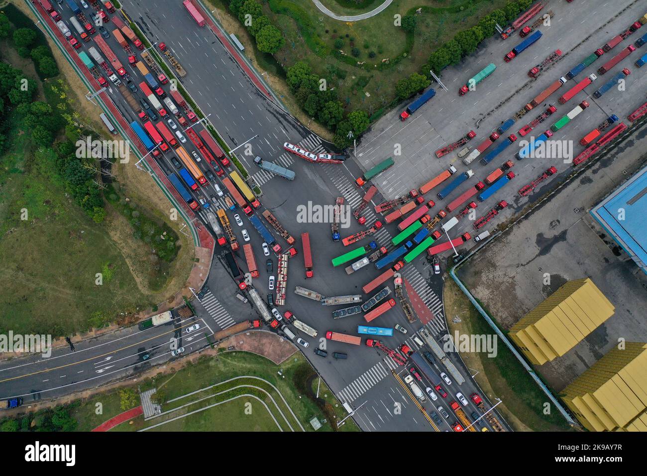 NANJING, CHINA - OCTOBER 27, 2022 - Aerial photo shows container trucks ...