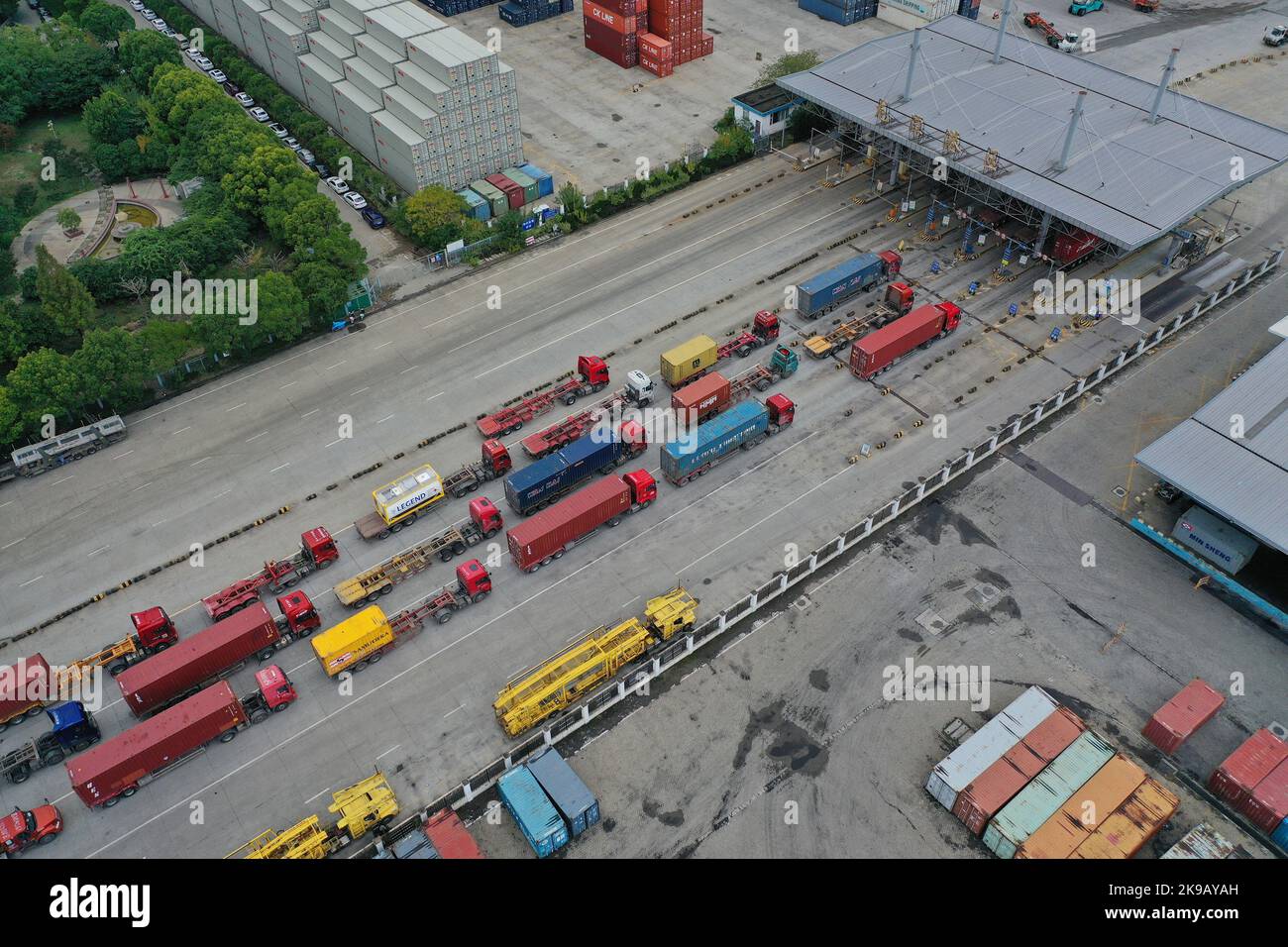 NANJING, CHINA - OCTOBER 27, 2022 - Aerial photo shows container trucks ...