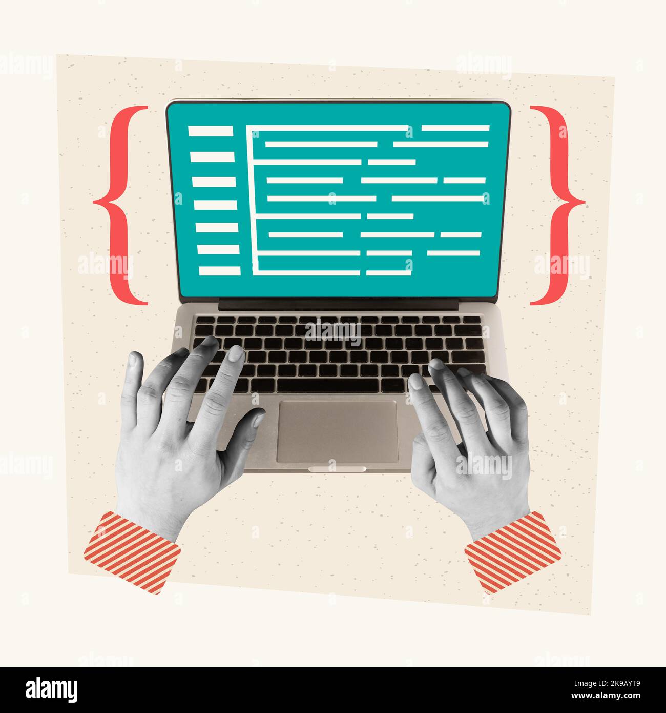 Contemporary art collage. Male hands typing on laptop keyboard, working ...