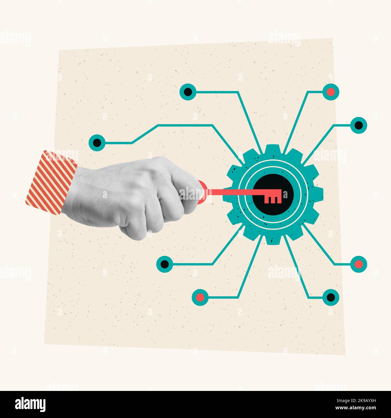 Contemporary art collage. Male hand with key putting on digital asset ...
