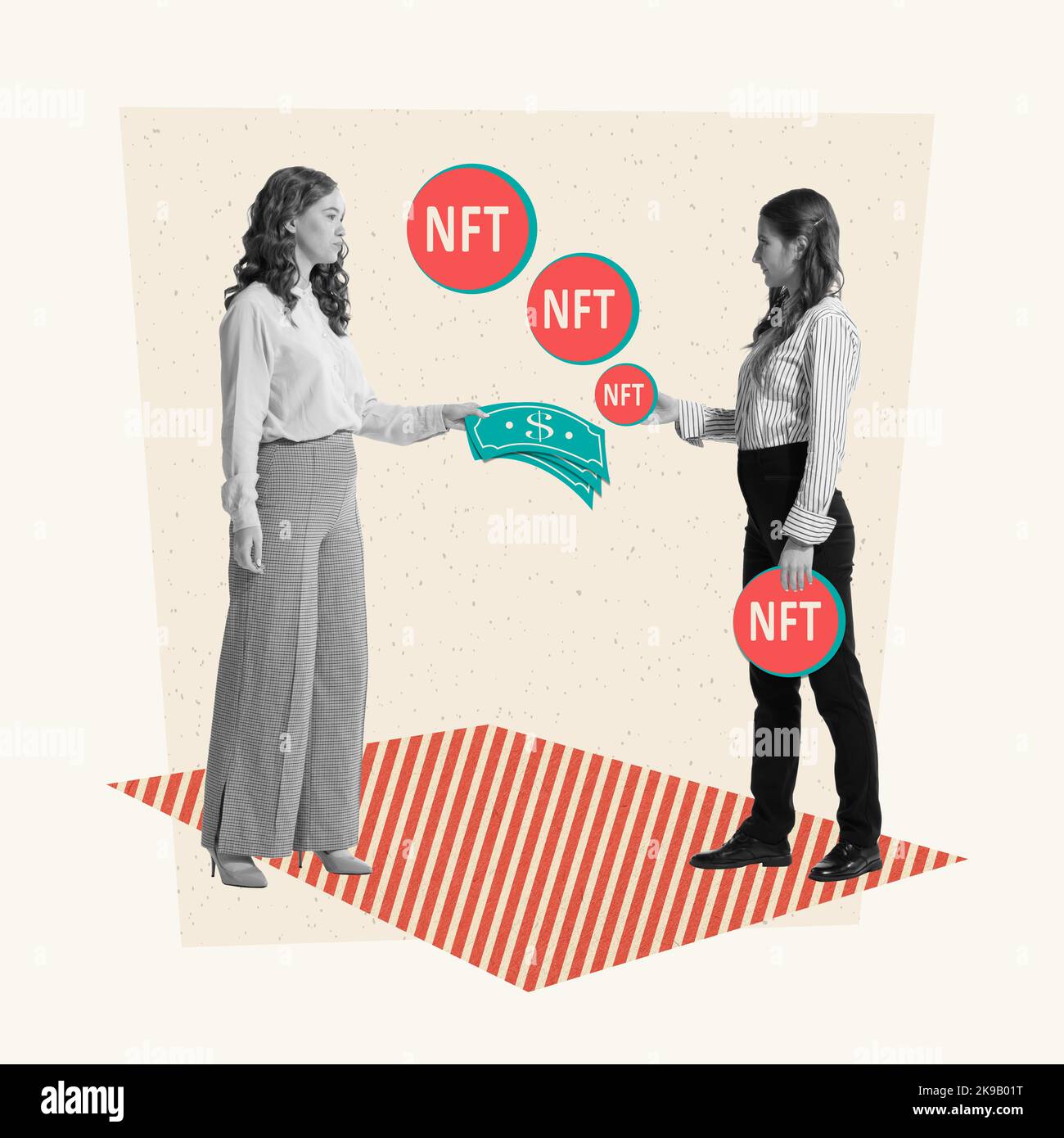 Contemporary art collage. Women doing nft trading, exchange money for ...