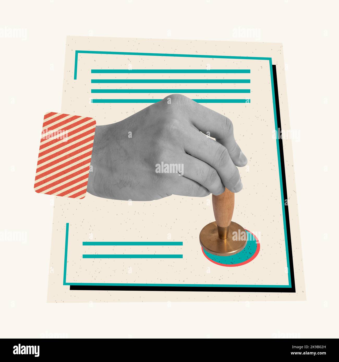 Contemporary art collage. Male hand making stamp symbolizing permission ...