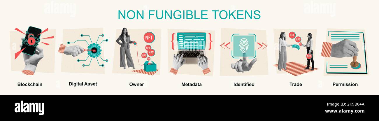 Contemporary art collage. NFT system with icons of metadata, blockchain ...