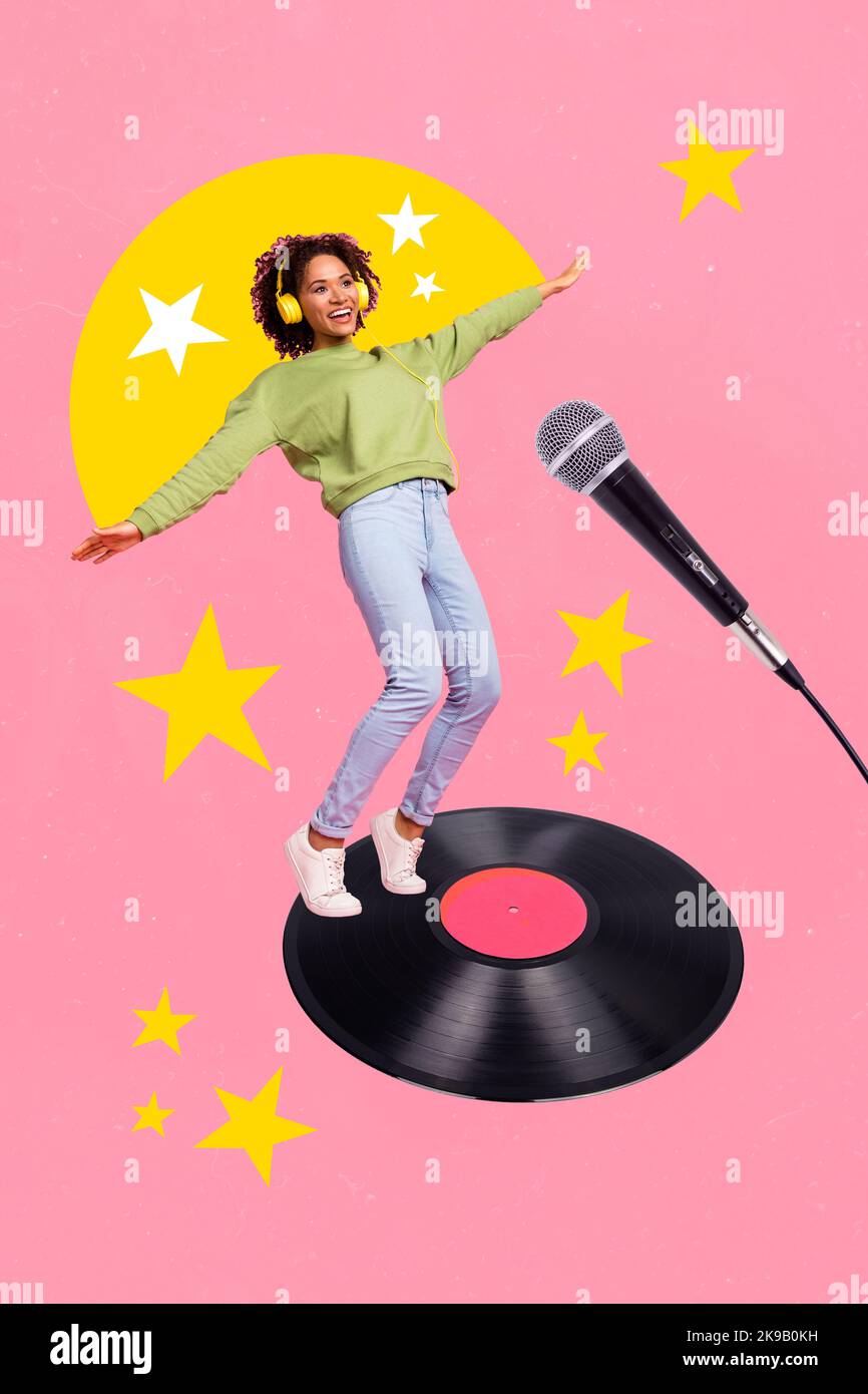 Vertical creative photo illustration collage of talented beautiful girl ...