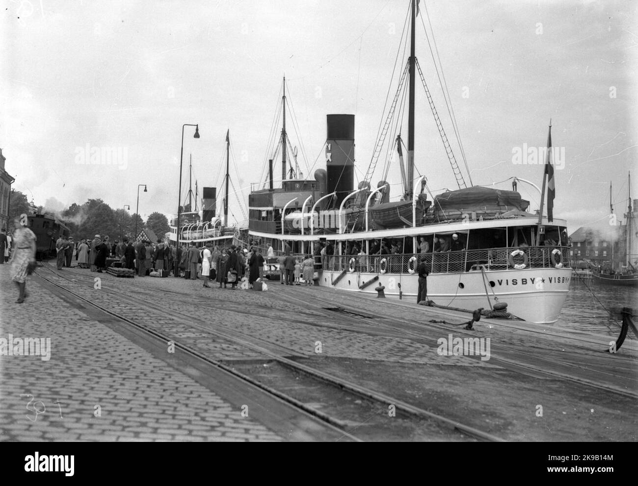 Gotlands Railway, Gj. Train in the harbor. The steamer Visby at Kaj ...