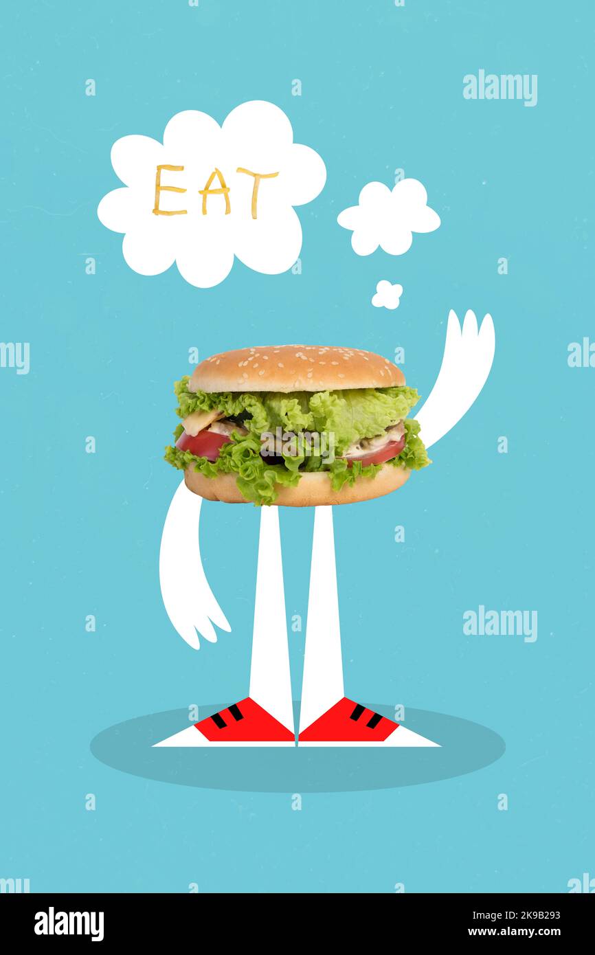 Vertical creative collage photo illustration of burger with hands feet ...