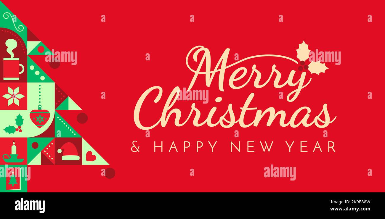 Abstract Christmas card with Christmas tree shapes and festive icons ...