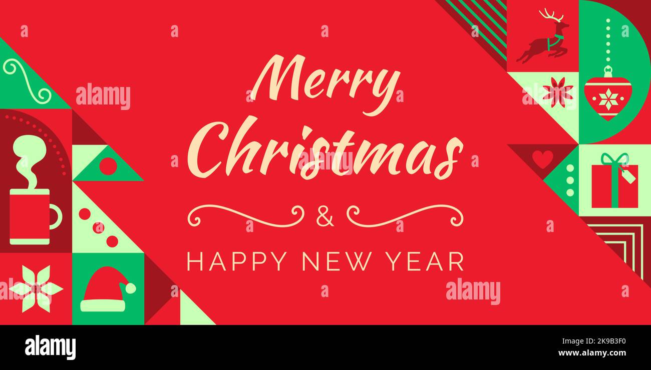 Abstract Christmas card with Christmas tree shapes and festive icons ...