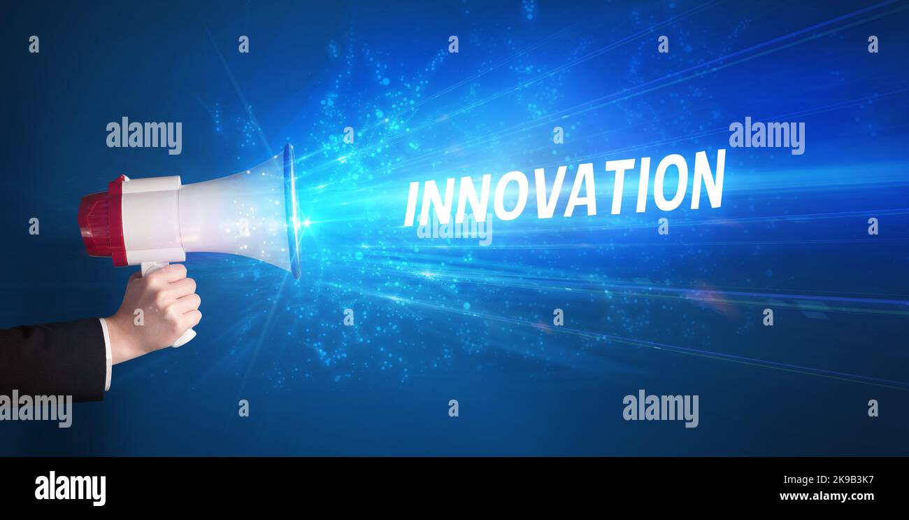 Young person shouting in loudspeaker Stock Photo - Alamy