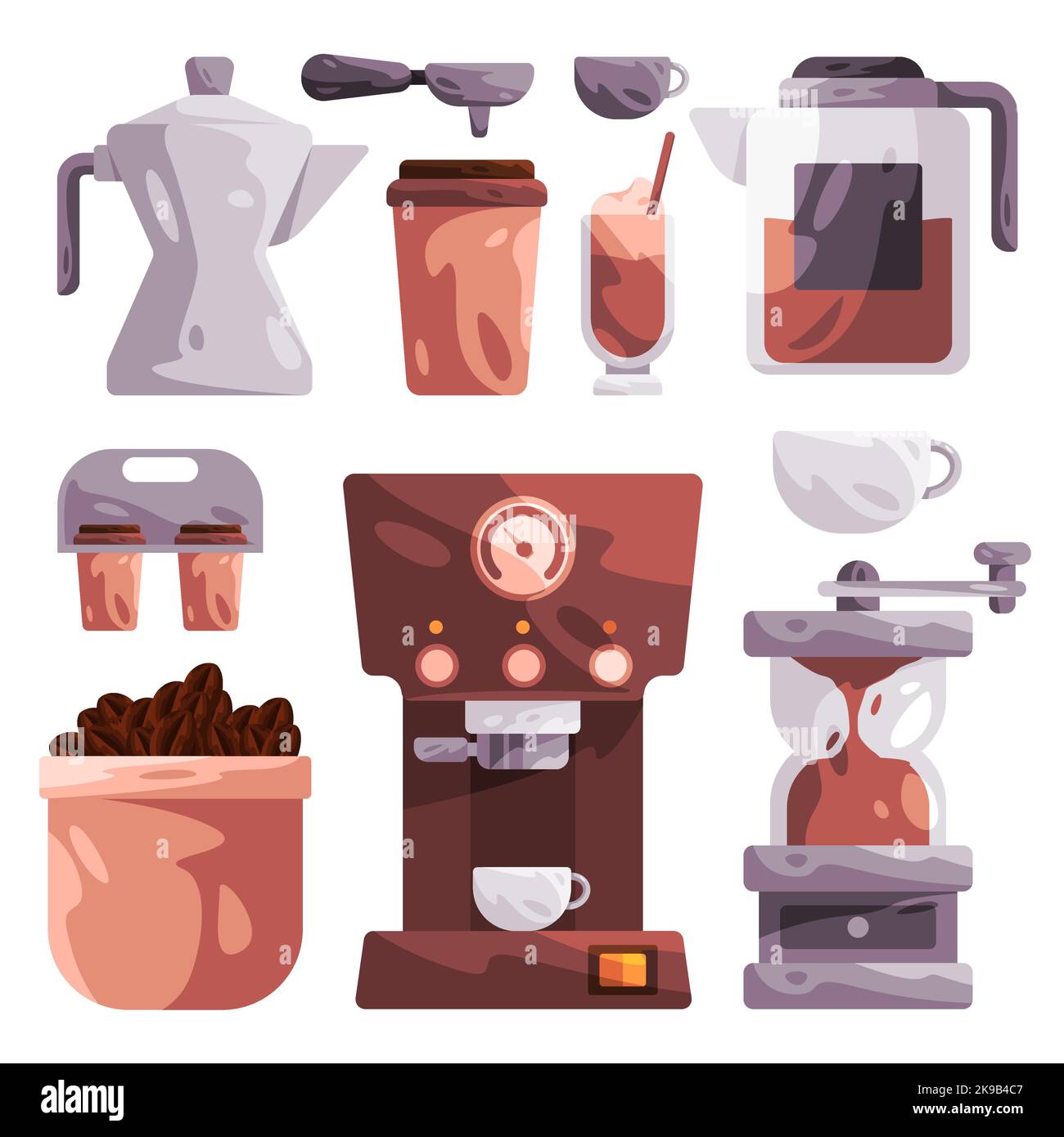 Coffee utensil glassware object from coffee machine to beans grinder ...