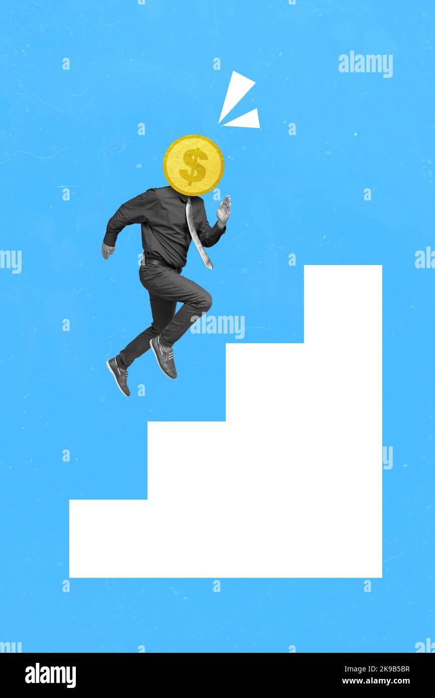 Collage photo of crazy excited runner businessman running upstairs ...