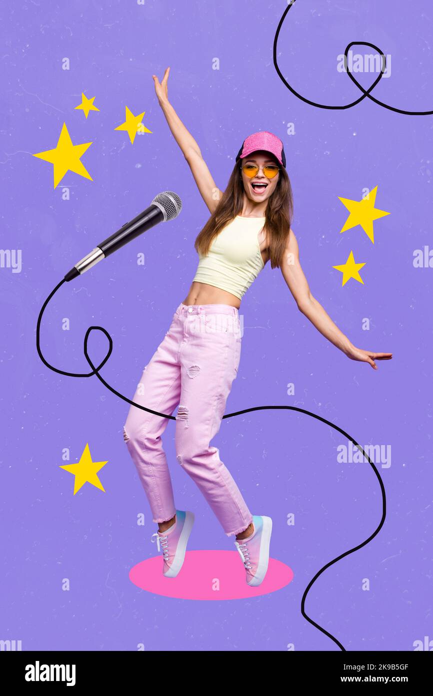 Creative retro 3d magazine image of cheerful positive lady having fun ...