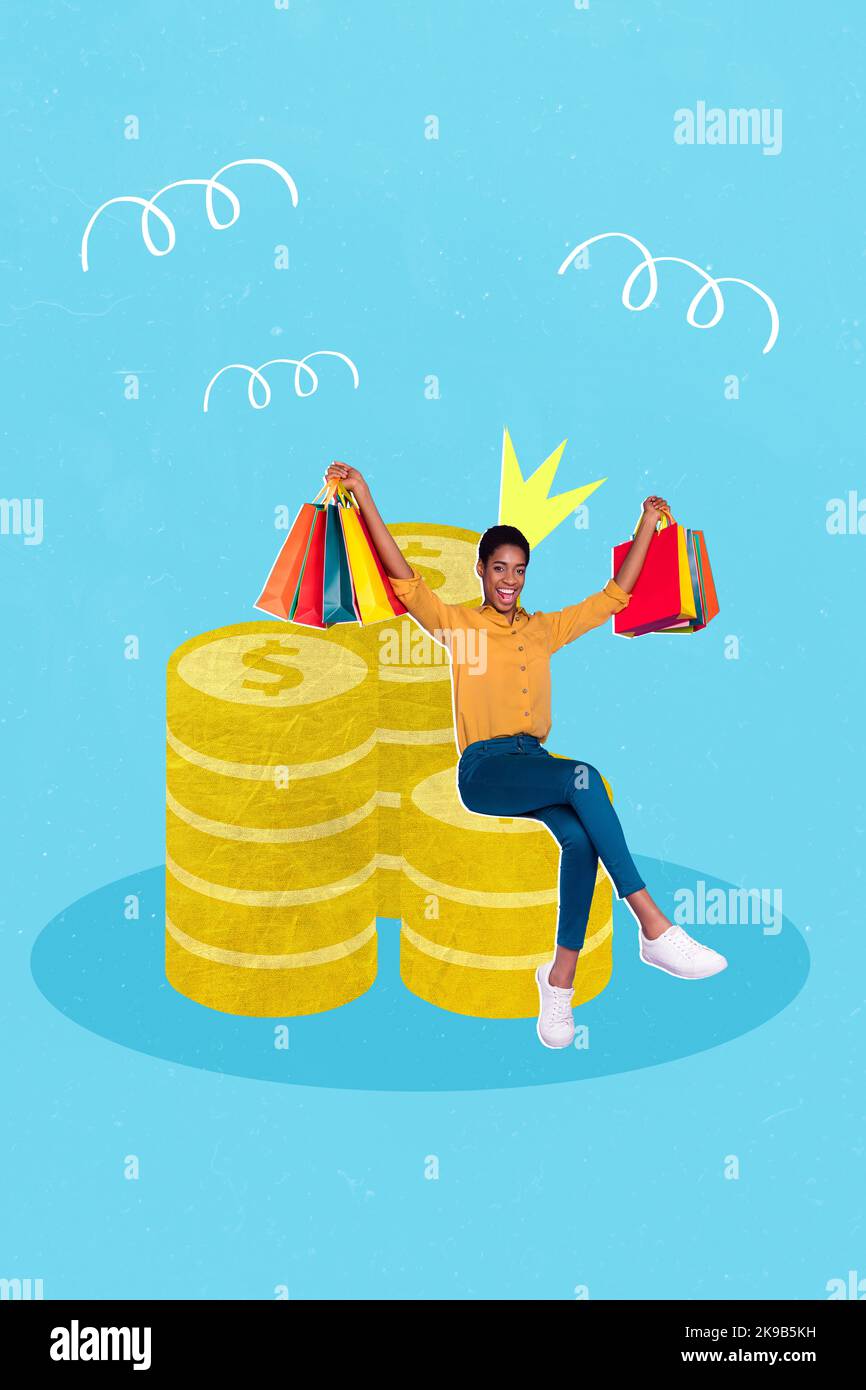 Collage photo of young successful shopaholic businesswoman like hobby ...