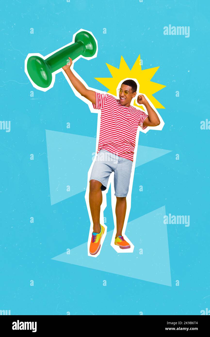 Vertical collage portrait of sporty excited guy hand hold huge dumbbell ...