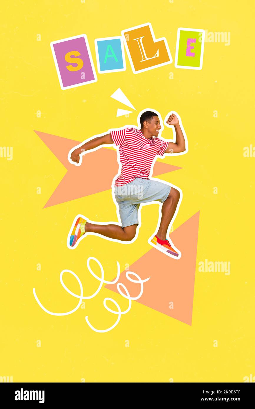 Vertical collage image of positive excited guy jumping run sale advert ...