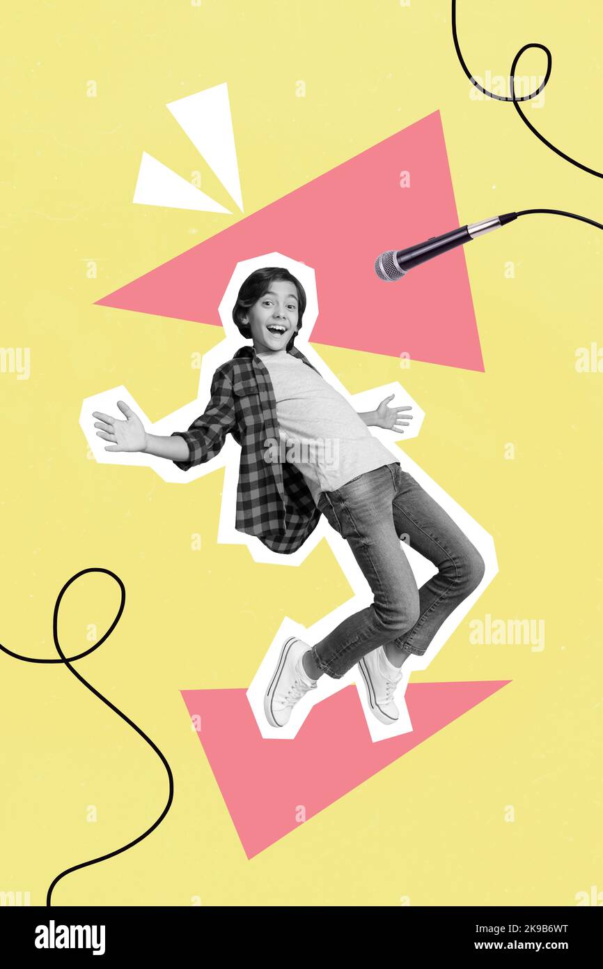 Vertical collage image of overjoyed positive schoolboy have fun singing ... Vertical collage image of overjoyed positive schoolboy have fun singing ...