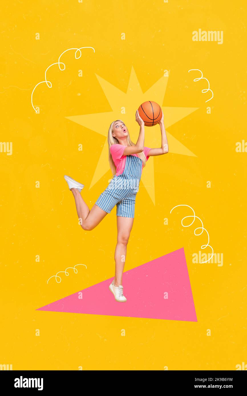 Vertical collage picture of impressed girl arms hold throw basketball ...