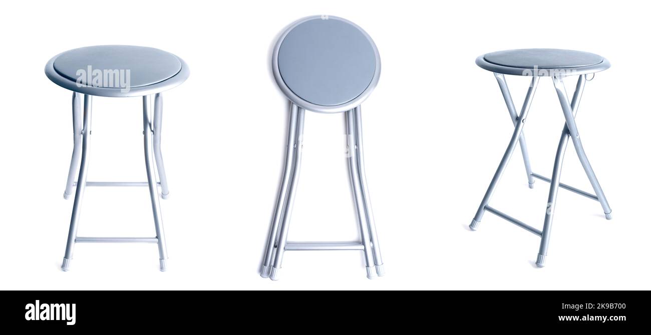 Folded and unfolded padded gray collapsible stools isolated on white ...