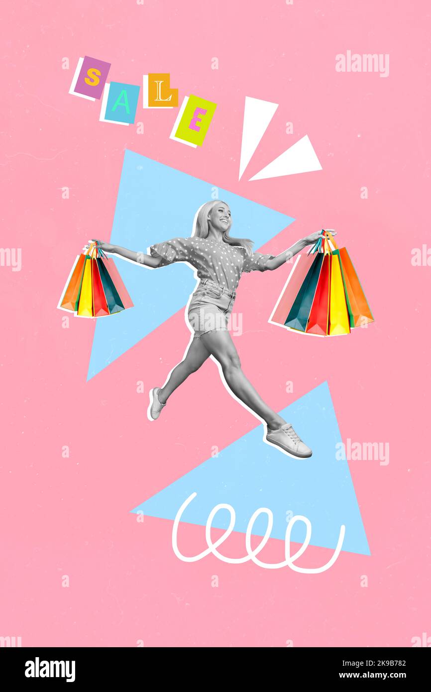 Vertical collage picture of excited positive girl black white gamma ...