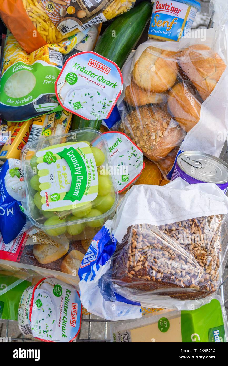 Berlin, Germany - October 27, 2022: View into a full shopping cart with ...