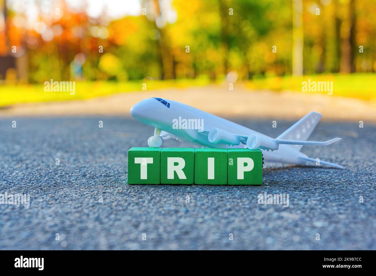 Word TRIP made from wooden blocks placed in front of a toy aircraft ...