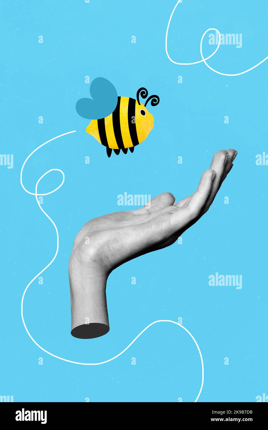 Creative retro 3d magazine image of arm catching funny charming flying ...