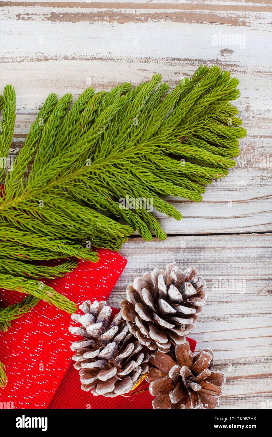 Rustic Christmas background with pine leaf and pinecones on whitewashed ...