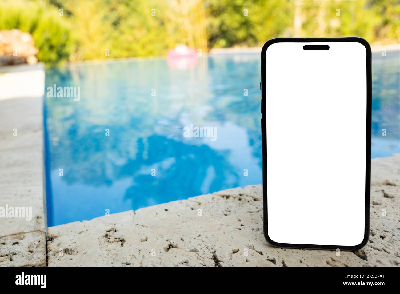 Vertical smartphone mock up, white blank screen of vertical smartphone mock up. Holiday, summer ...