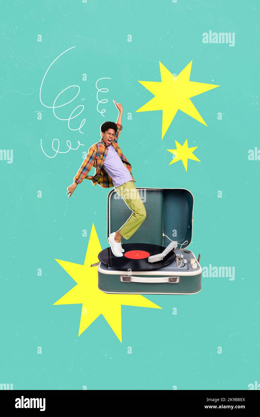 Photo artwork minimal picture of happy smiling guy having fun retro ...