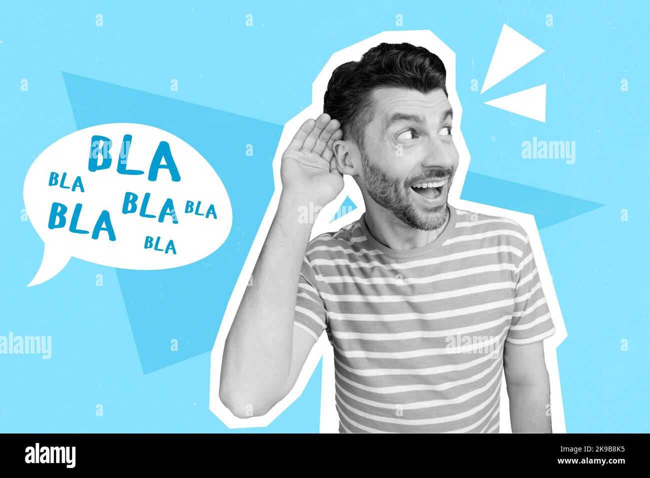 Photo artwork minimal picture of happy smiling guy listening blah blah ...