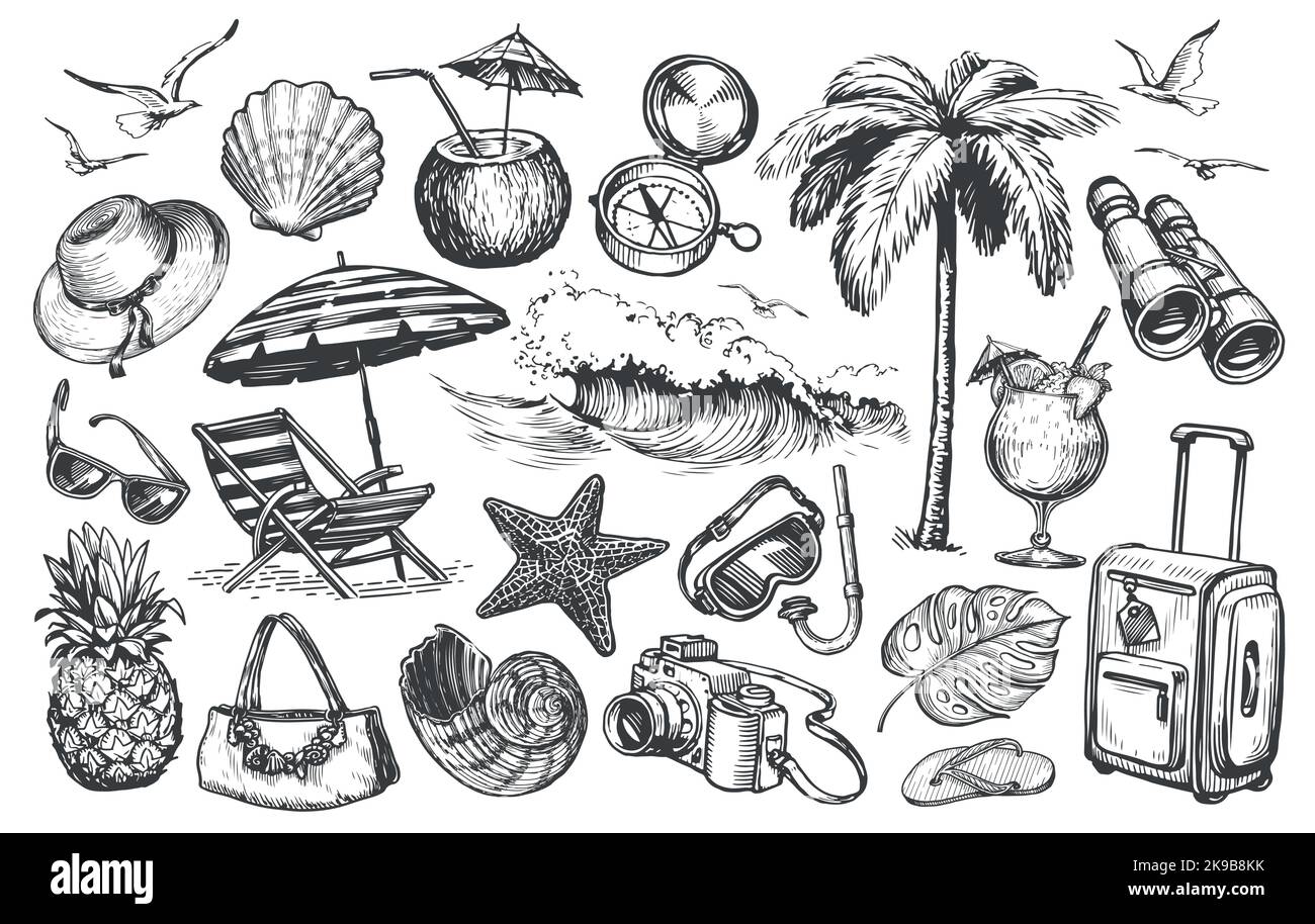 Travel set. Hand drawn vector illustrations in vintage sketch style ...